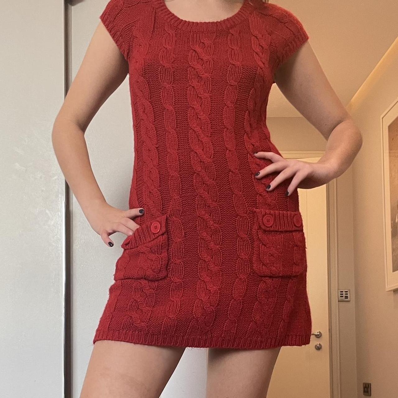 Red knitted mini dress with pockets #minidress... - Depop