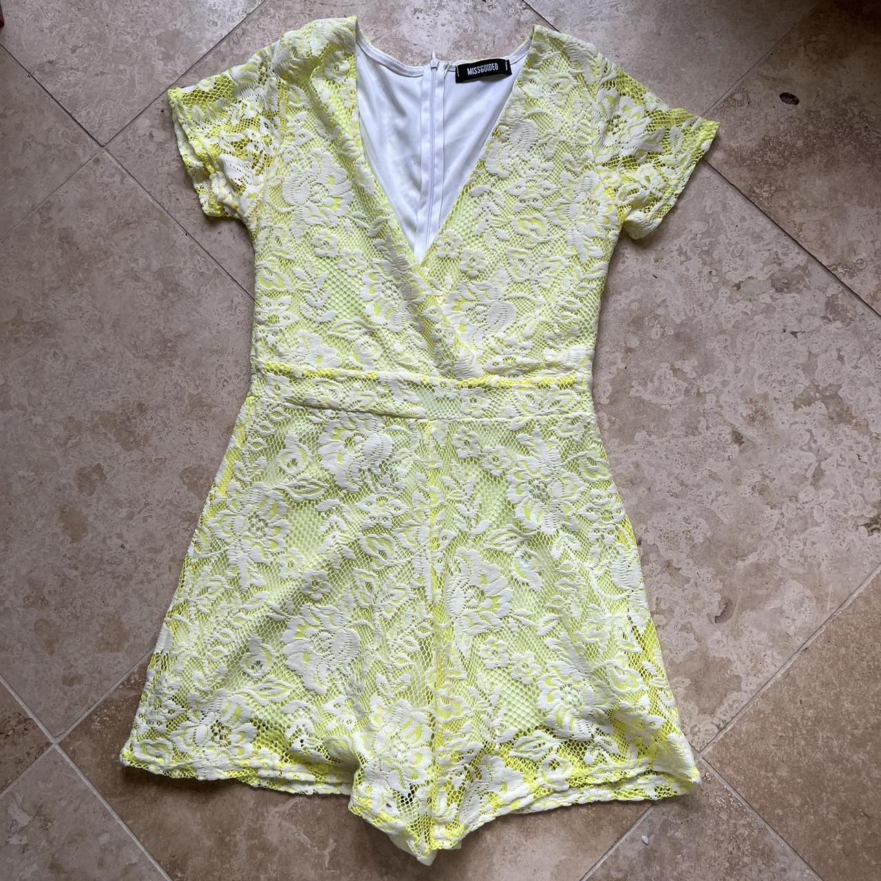 Missguided Women's White and Yellow Playsuit-romper | Depop