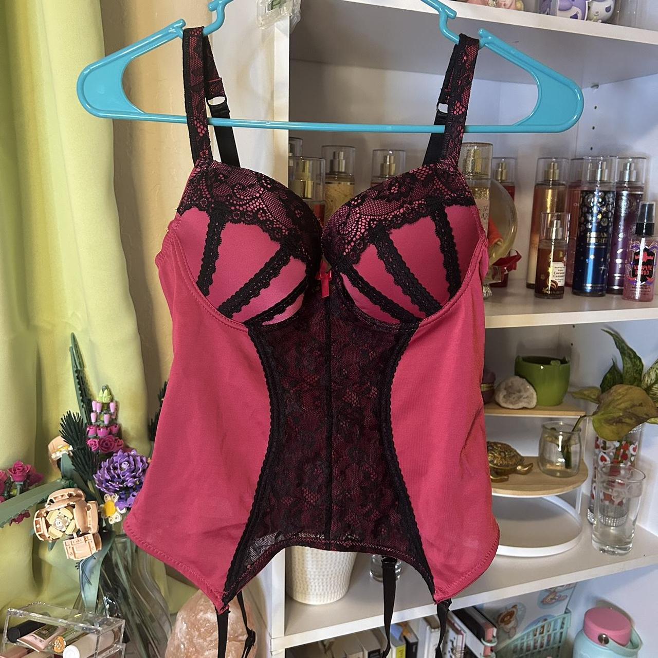 Fusia pink lingerie bustier top with black lace... - Depop