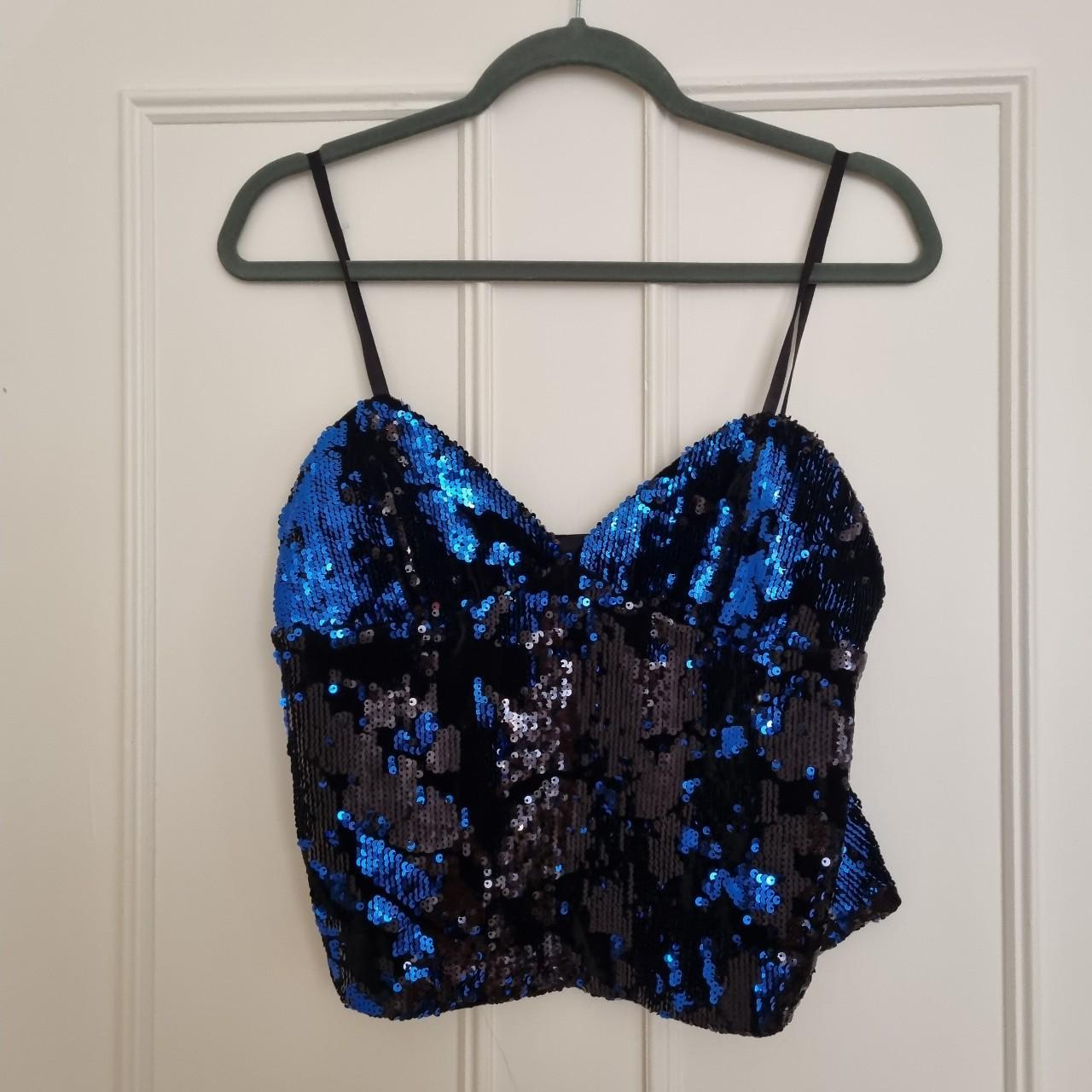 Zara Blue / Dark Blue Sequin Crop Top - Depop