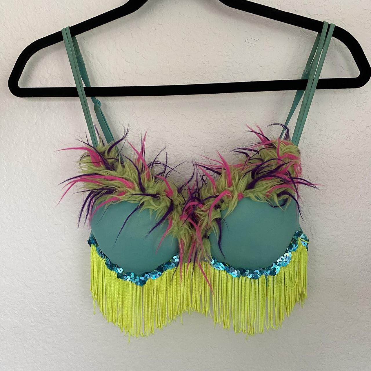 Upcycled green and blue burlesque bra. Neon monster... | Depop