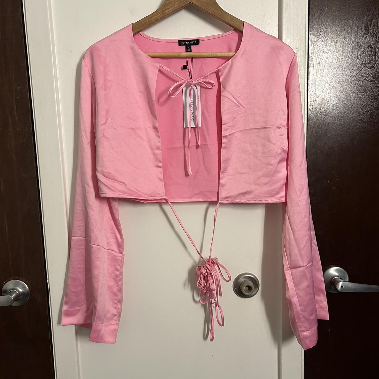 Pink top with long waist band string - Depop