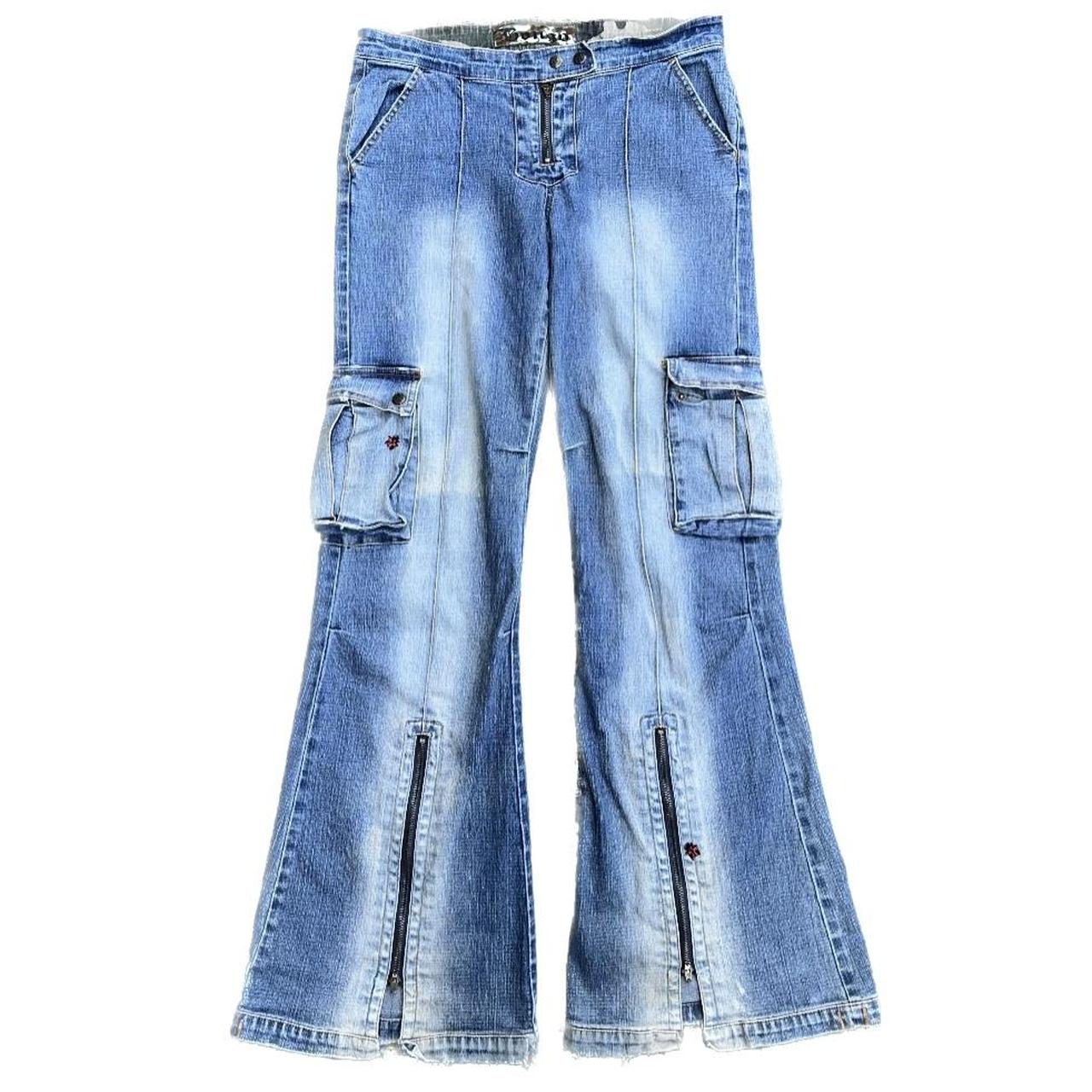 90s y2k rave denim bongo jeans with embroidered... - Depop