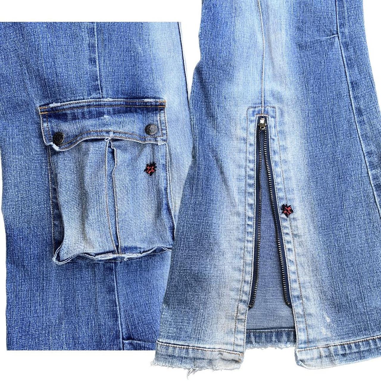 90s y2k rave denim bongo jeans with embroidered... - Depop