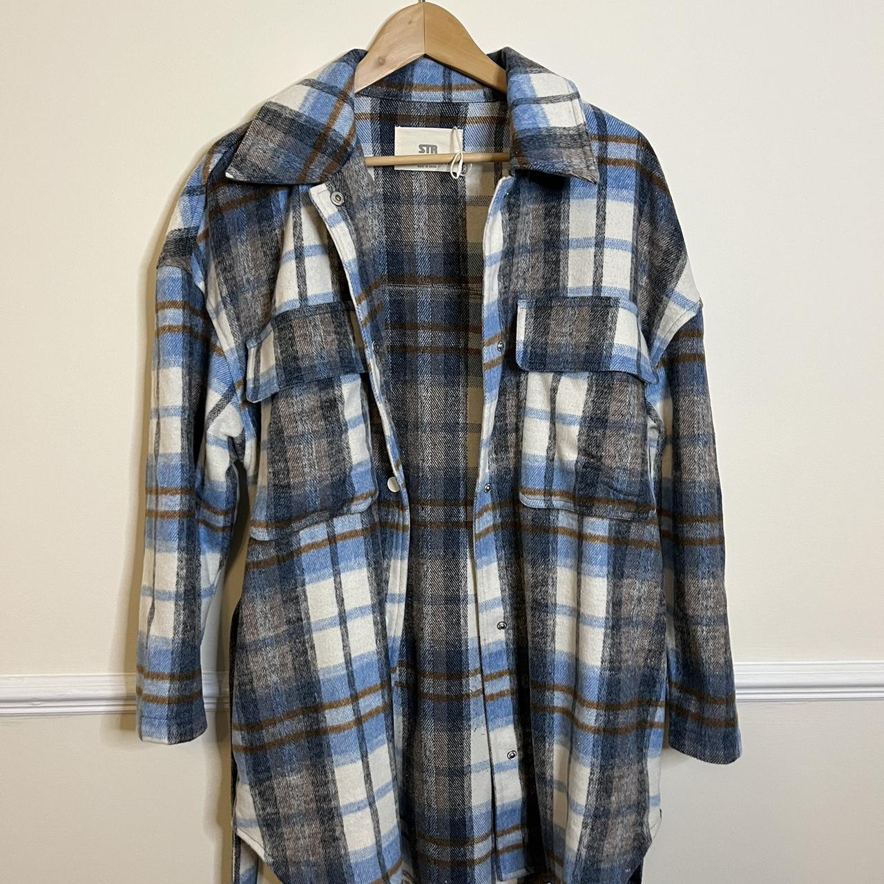 Shacket blue and white checked Soft and warm, high... - Depop