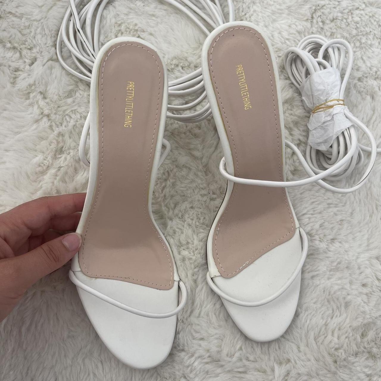 Pretty Little Thing White Knee High Strappy Sandal... - Depop