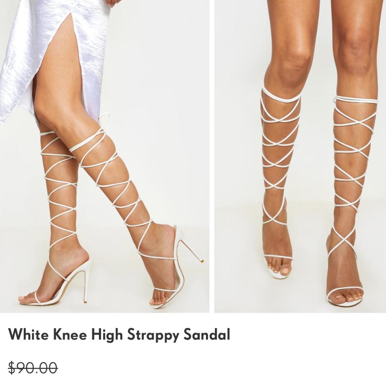 Pretty Little Thing White Knee High Strappy Sandal... - Depop