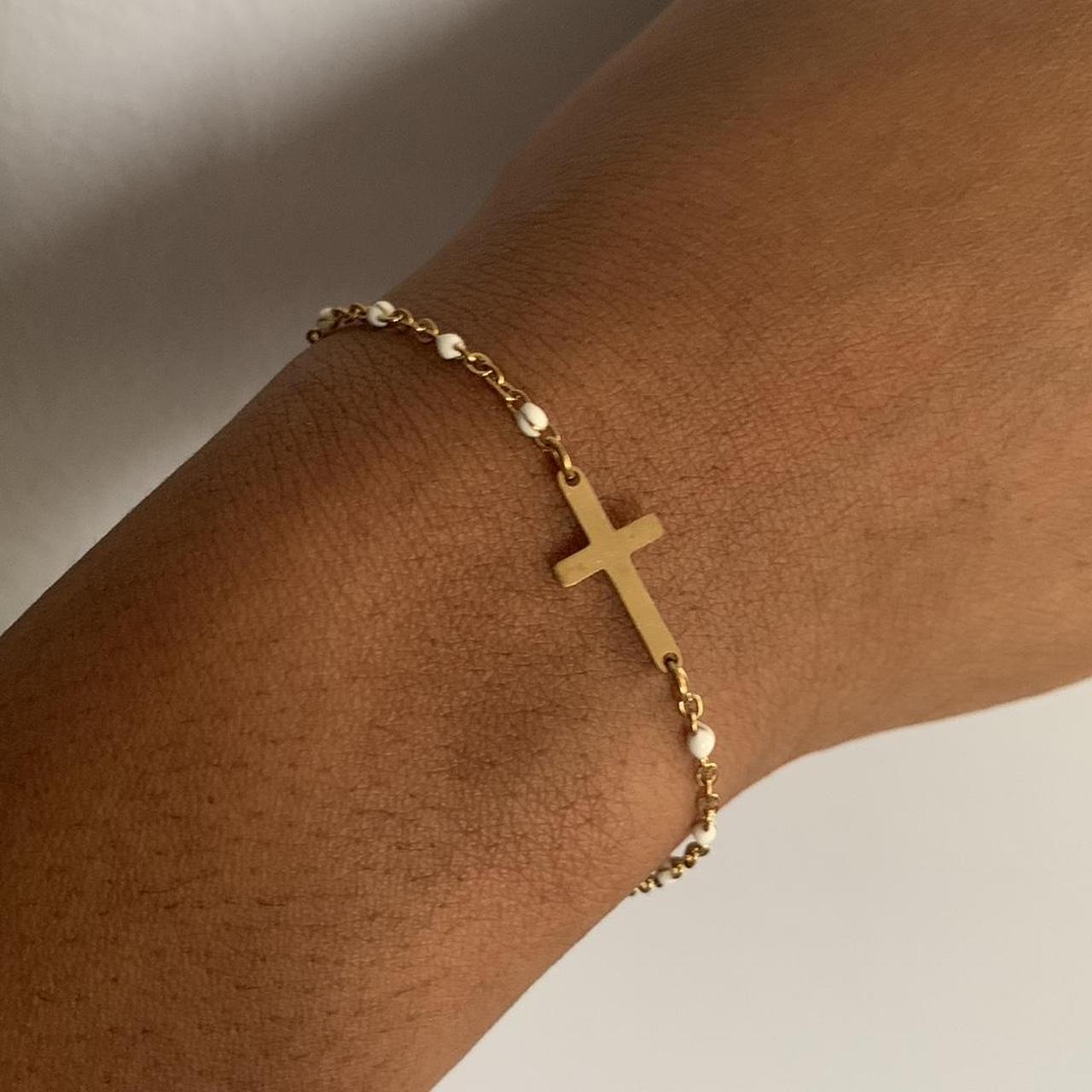 White Stainless steel cross charm, bracelet, white... - Depop