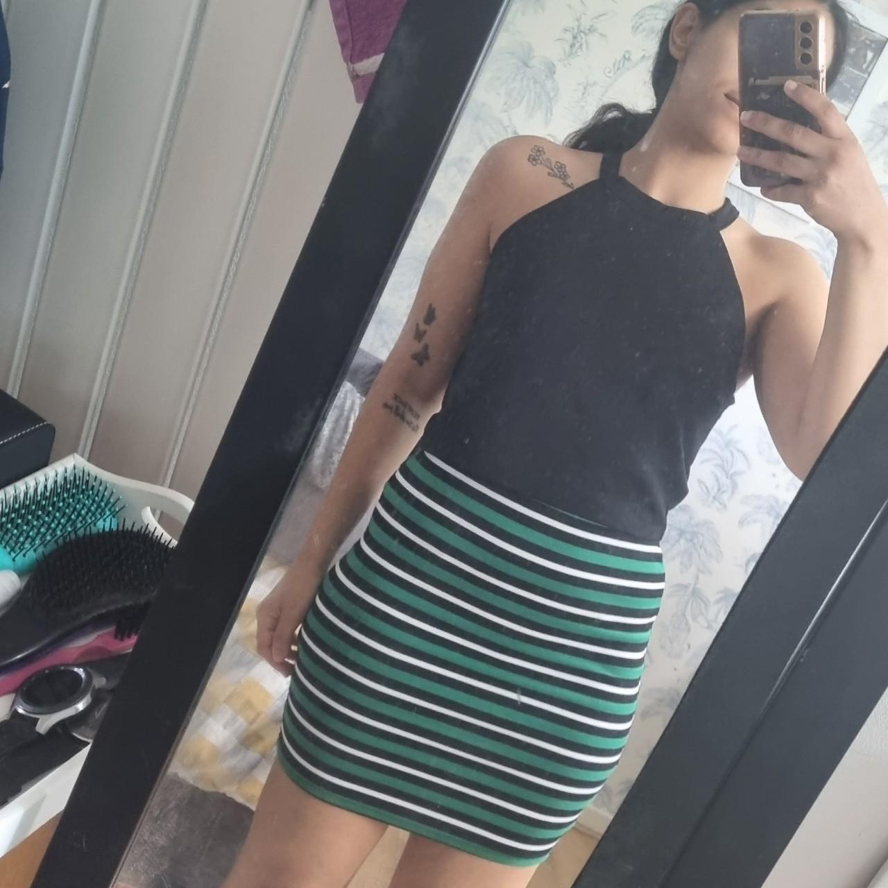 Primark green, back & white stripes mini-skirt - Depop