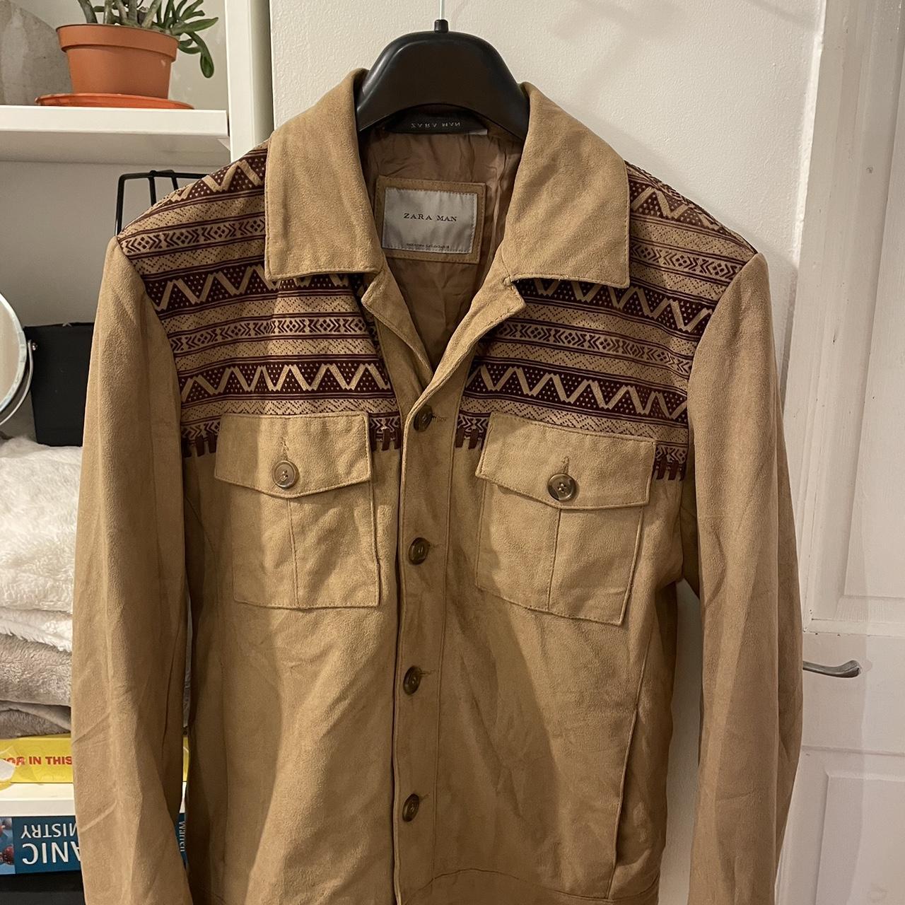 Zara man Tan and brown suede jacket with a Aztec... - Depop