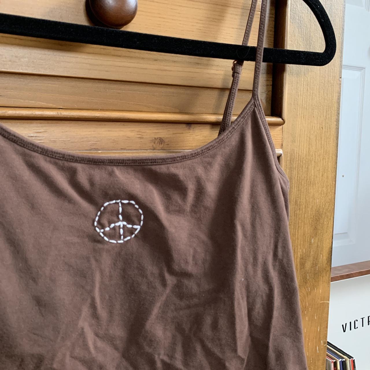 brown hand-embroidered peace sign tank top... - Depop
