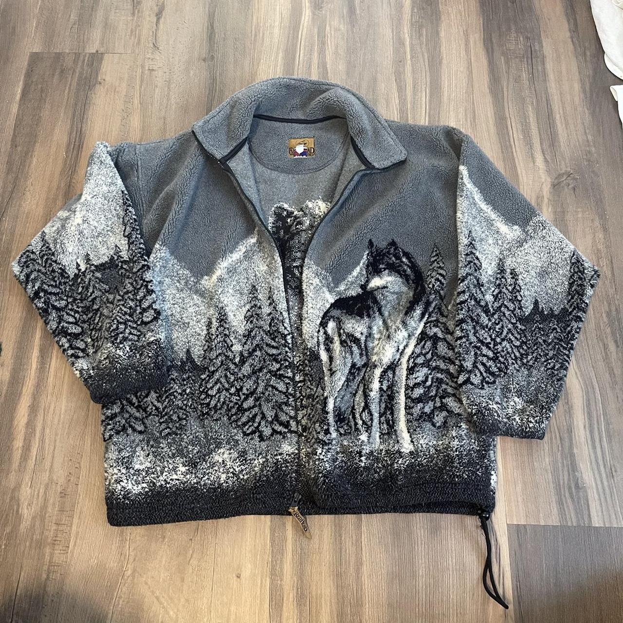 Vintage 90s wolf zip up fleece jacket Great... - Depop