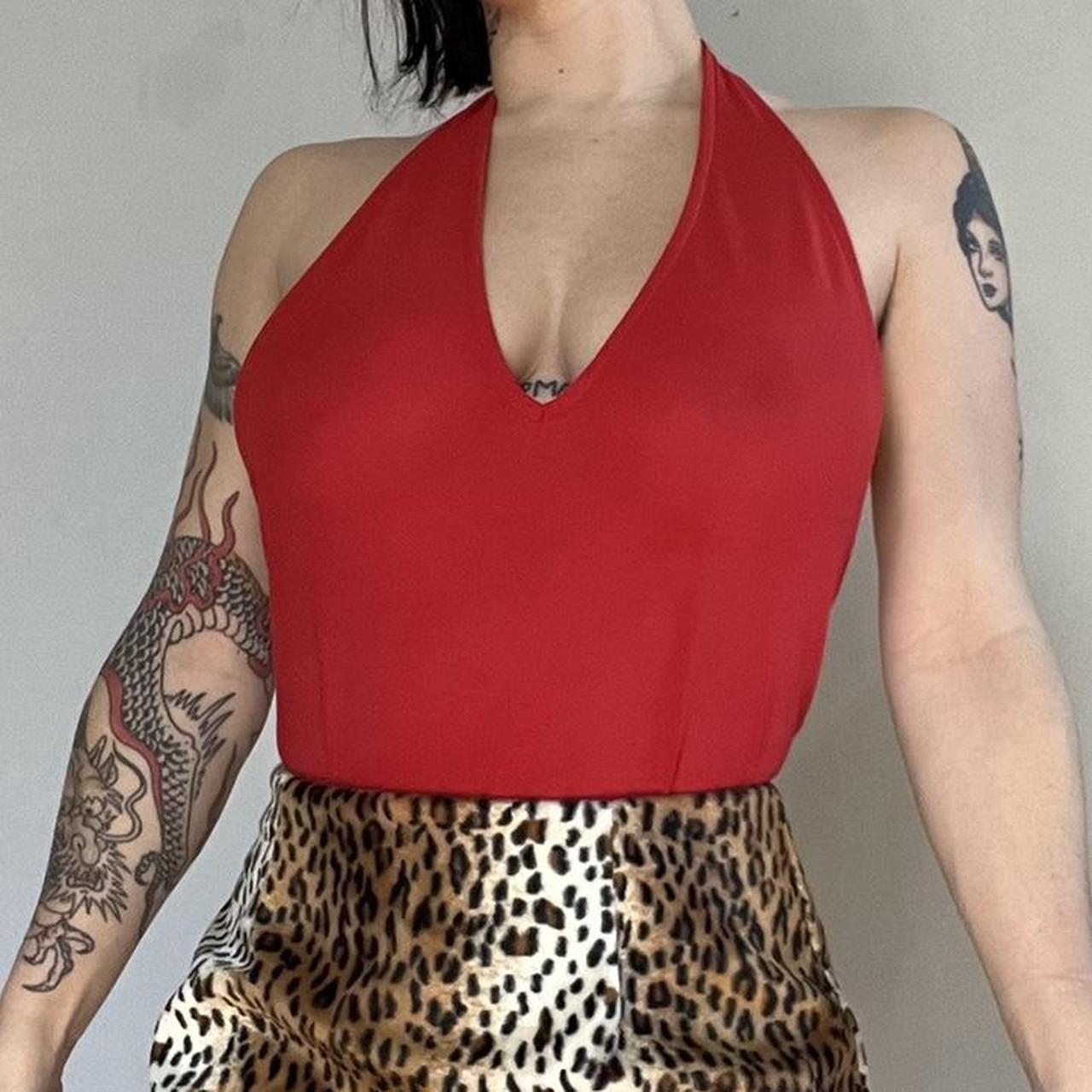 Sheer Red Halter Bodysuit. Open and low back. Snap... - Depop