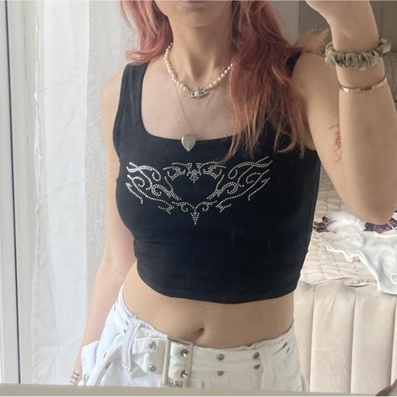 Vintage Black y2k rhinestone heart crop top in a... - Depop