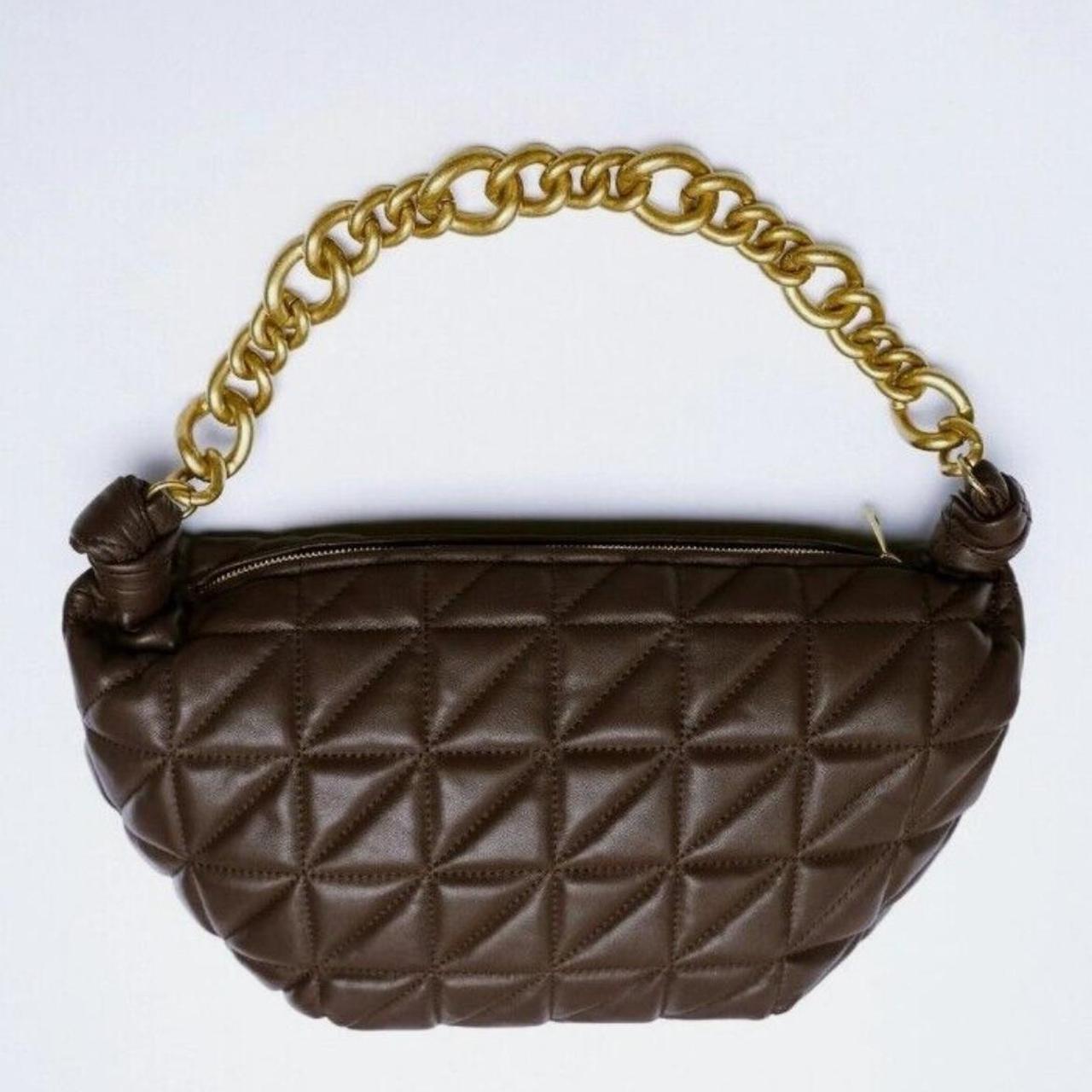Brown leather Zara quilted shoulder bag with gold... - Depop