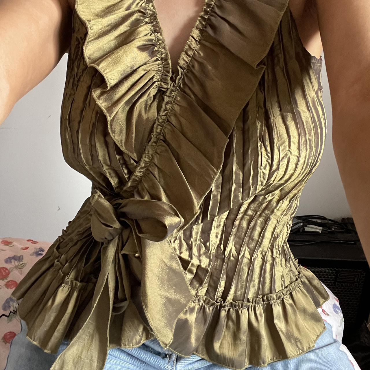 Vintage ruffled satin khaki wrap over... - Depop