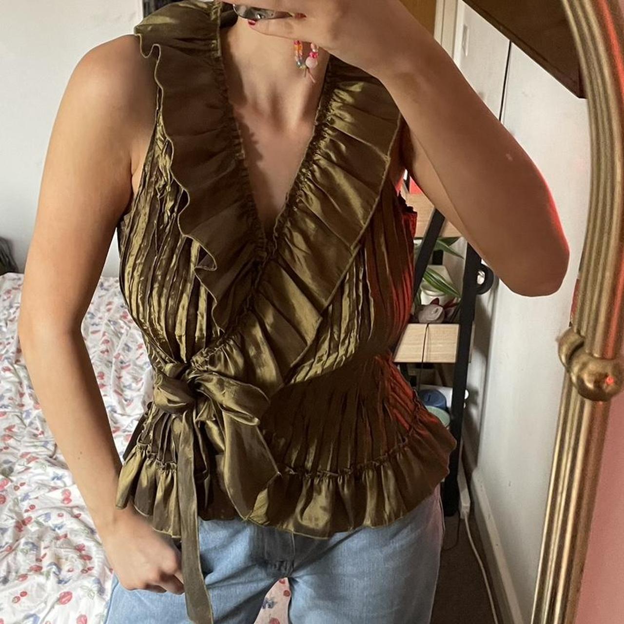 Vintage ruffled satin khaki wrap over... - Depop