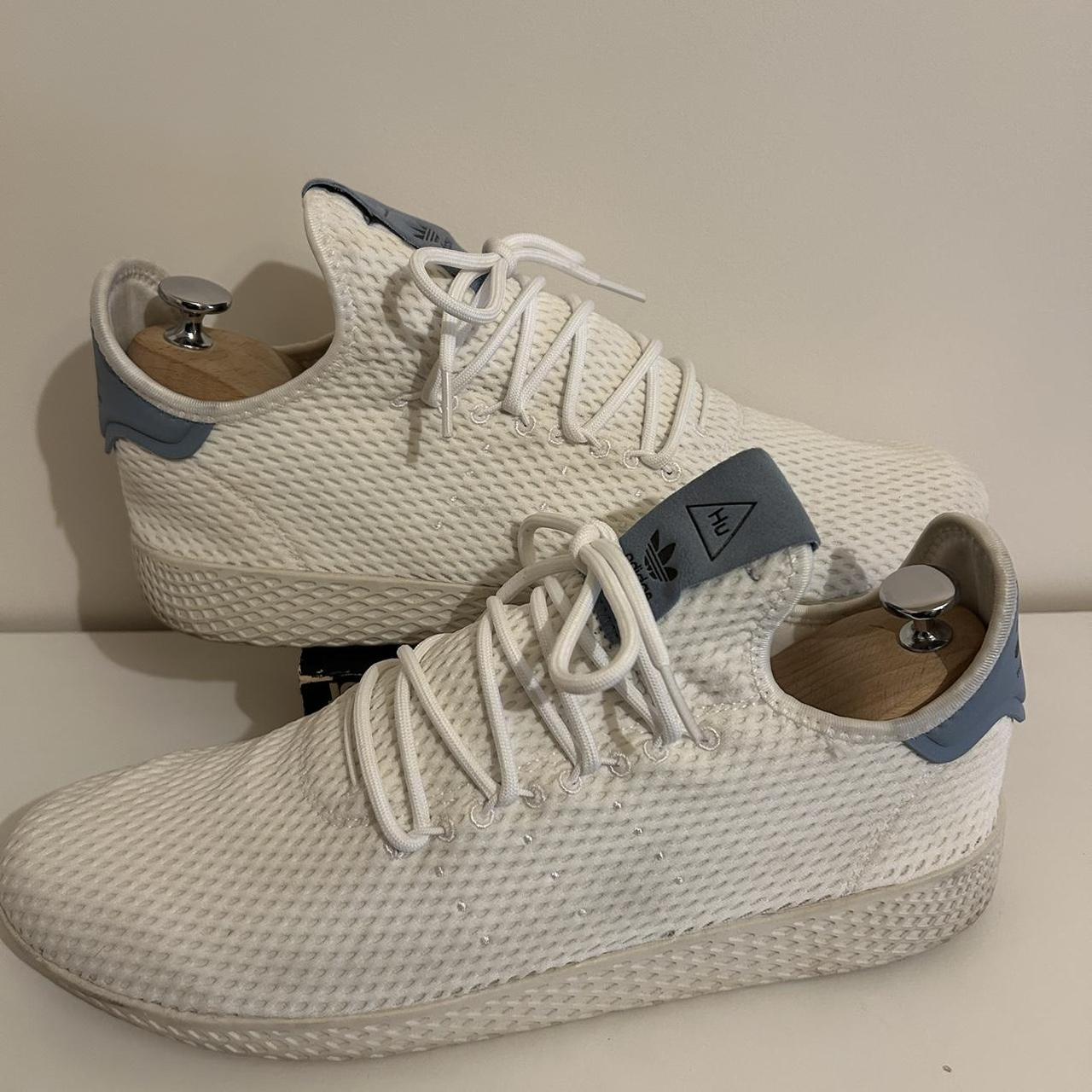 White and blue Adidas Pharrell Tennis HU trainers -... | Depop