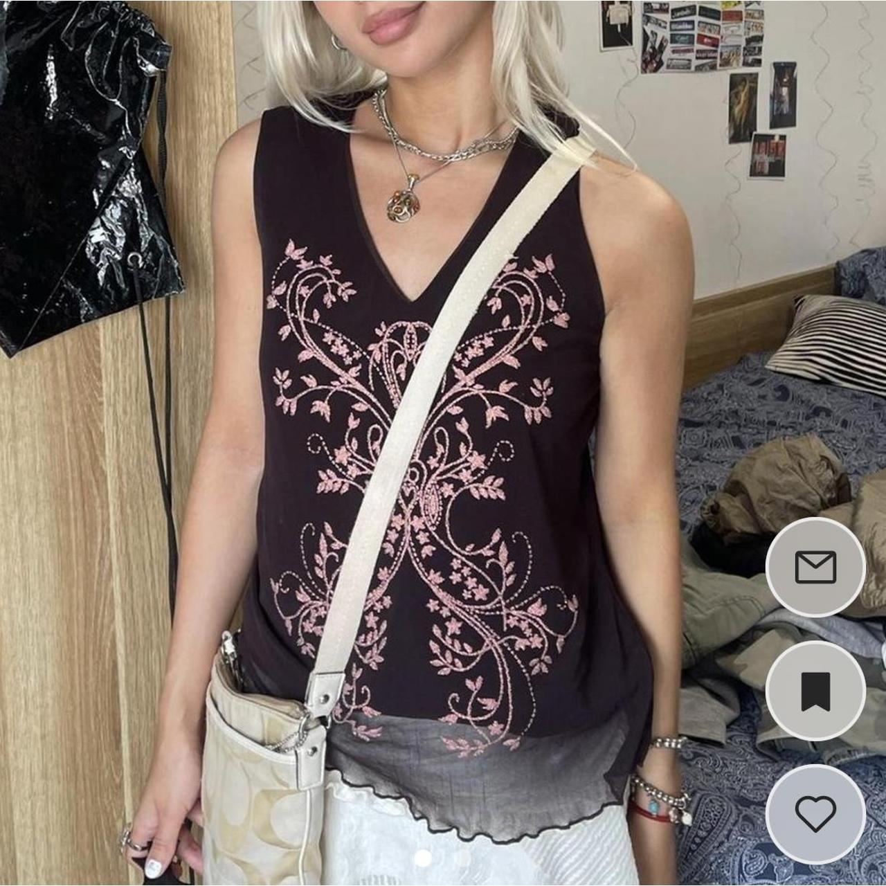 Brown mesh y2k boho embroidered top has been altered... - Depop