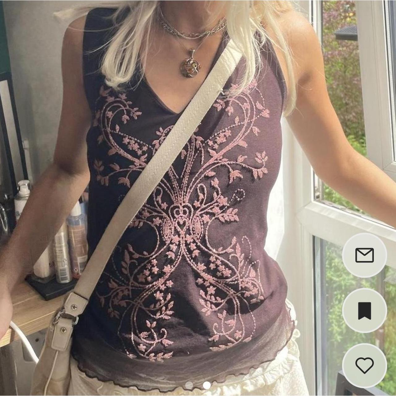Brown mesh y2k boho embroidered top has been altered... - Depop