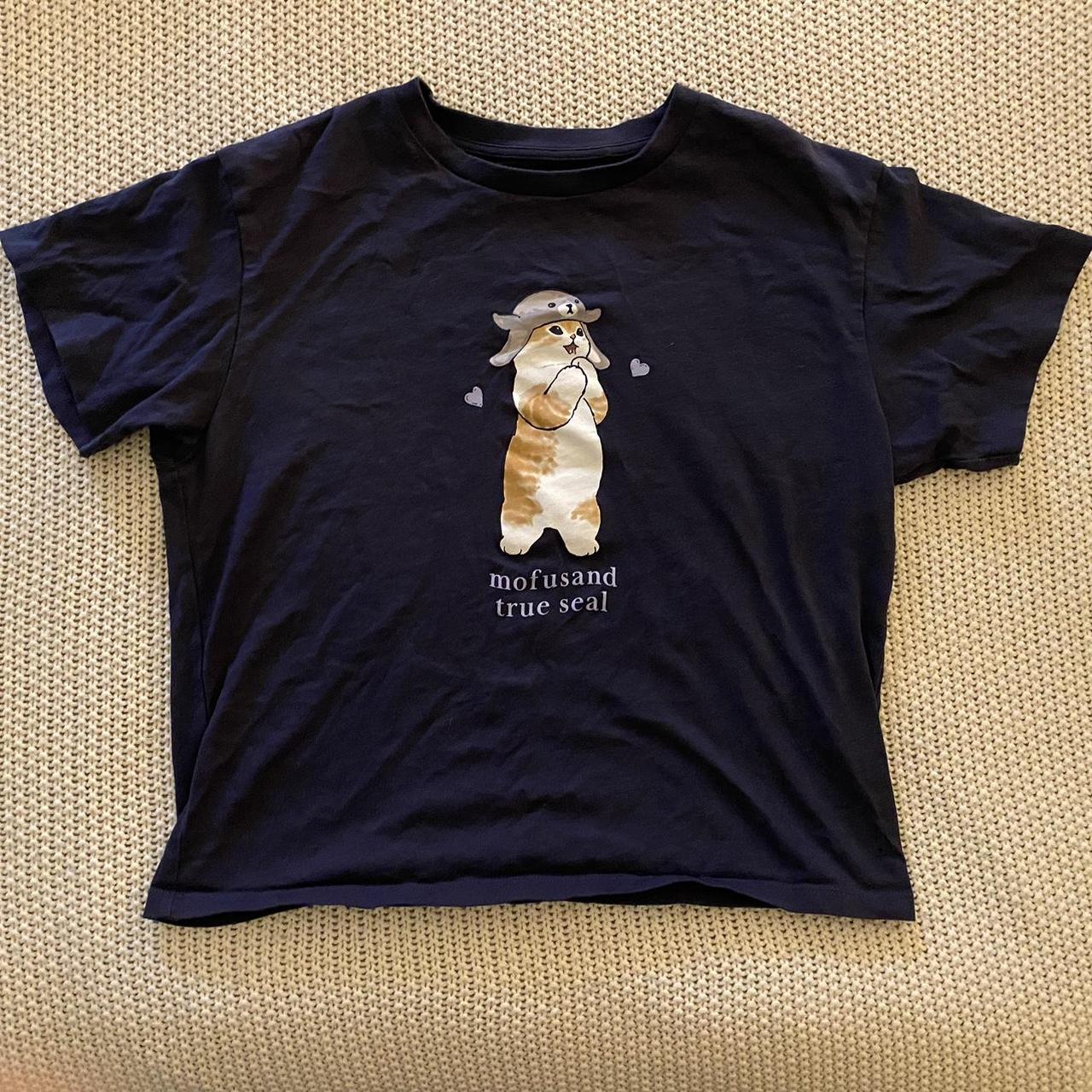 uniqlo - mofusand navy and white cat t-shirt - large... - Depop