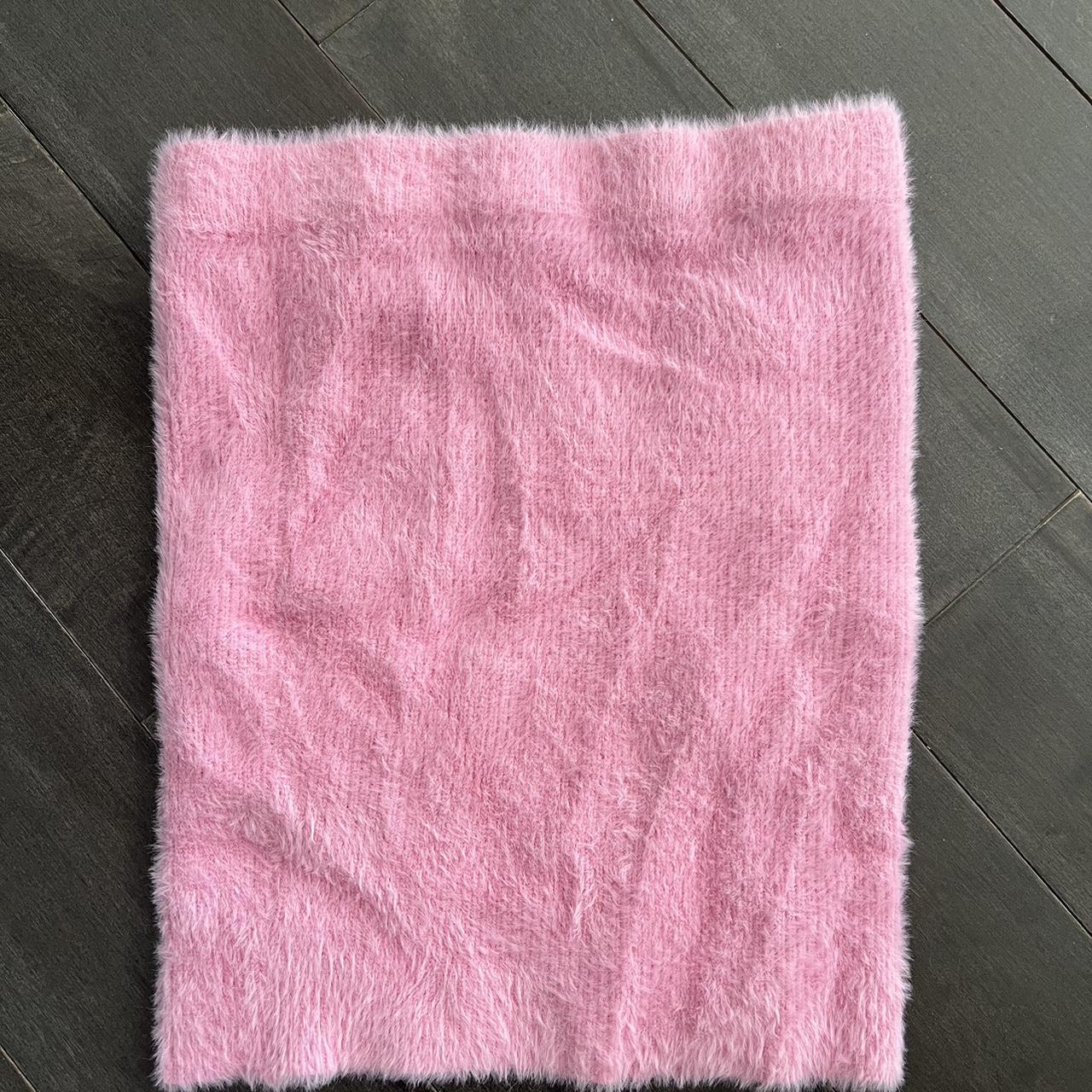 Bershka form fitting stretchy pink furry skirt 16”... - Depop