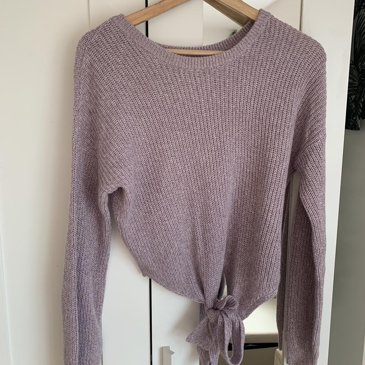 Lilac purple knit cropped tie hollister jumper... - Depop