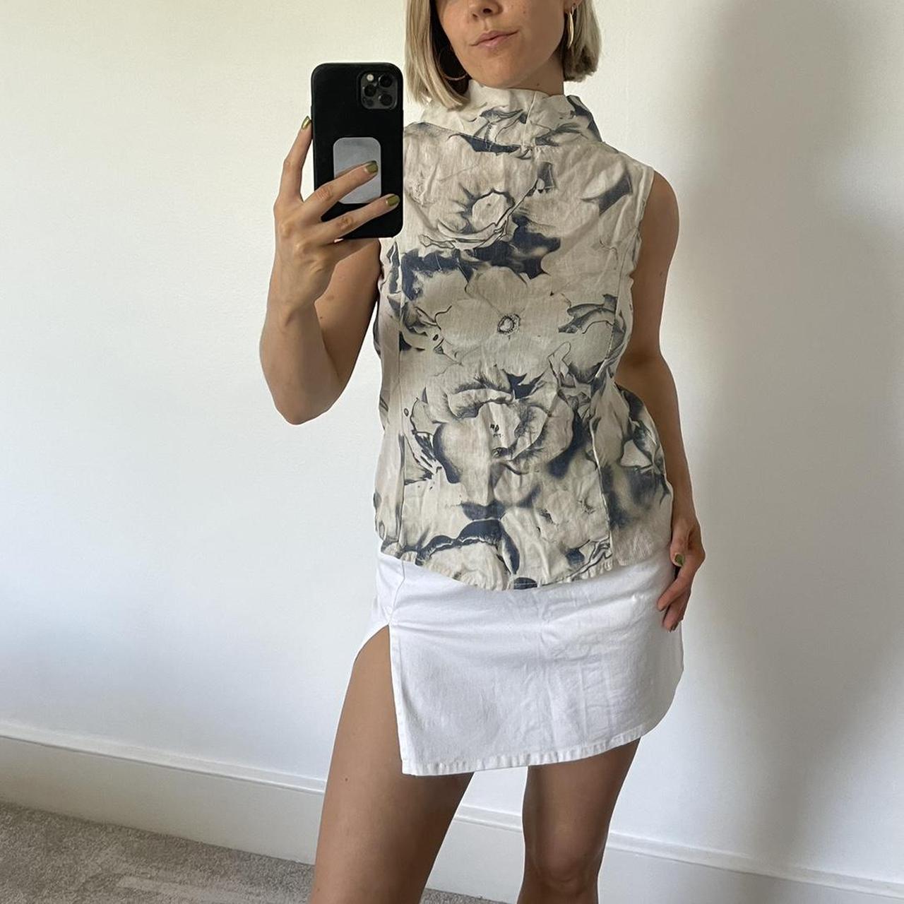 Vintage linen high neck summer top flower... - Depop