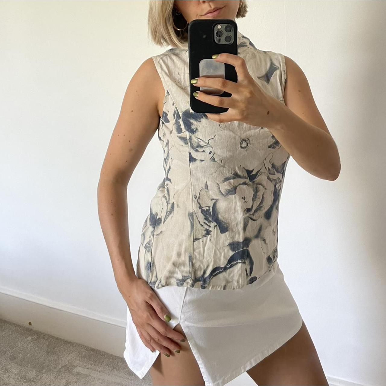 Vintage linen high neck summer top flower... - Depop