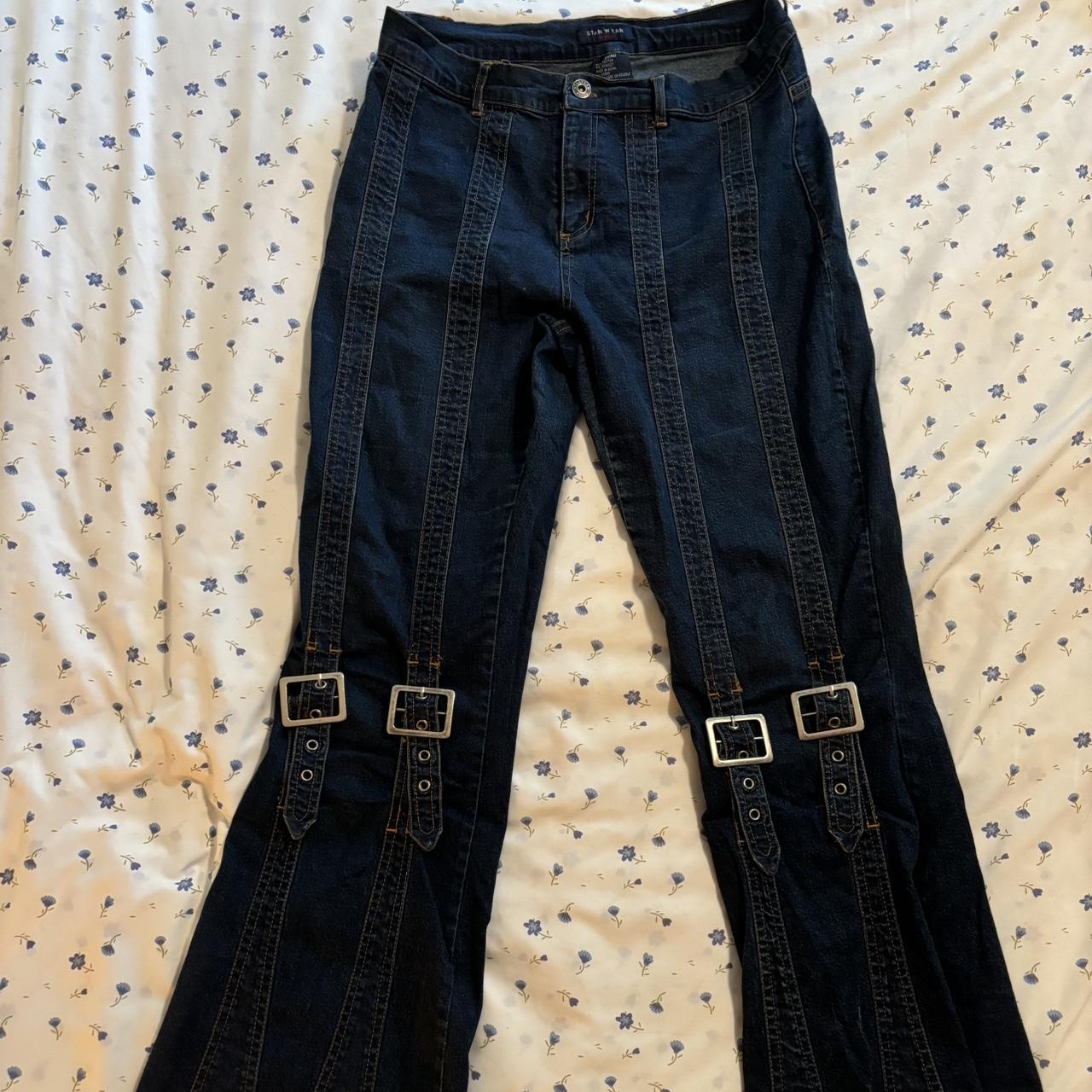 Y2K denim jeans with silver buckles #y2k - Depop