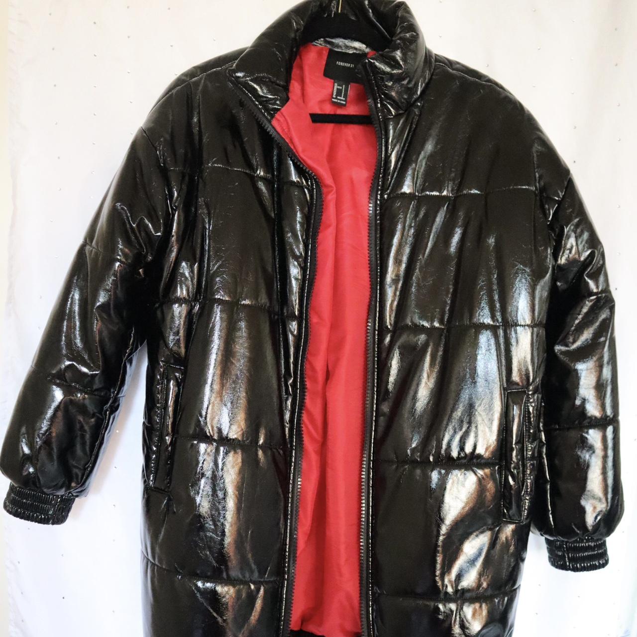 Black & Red vinyl jacket - pretty long, hits just... - Depop