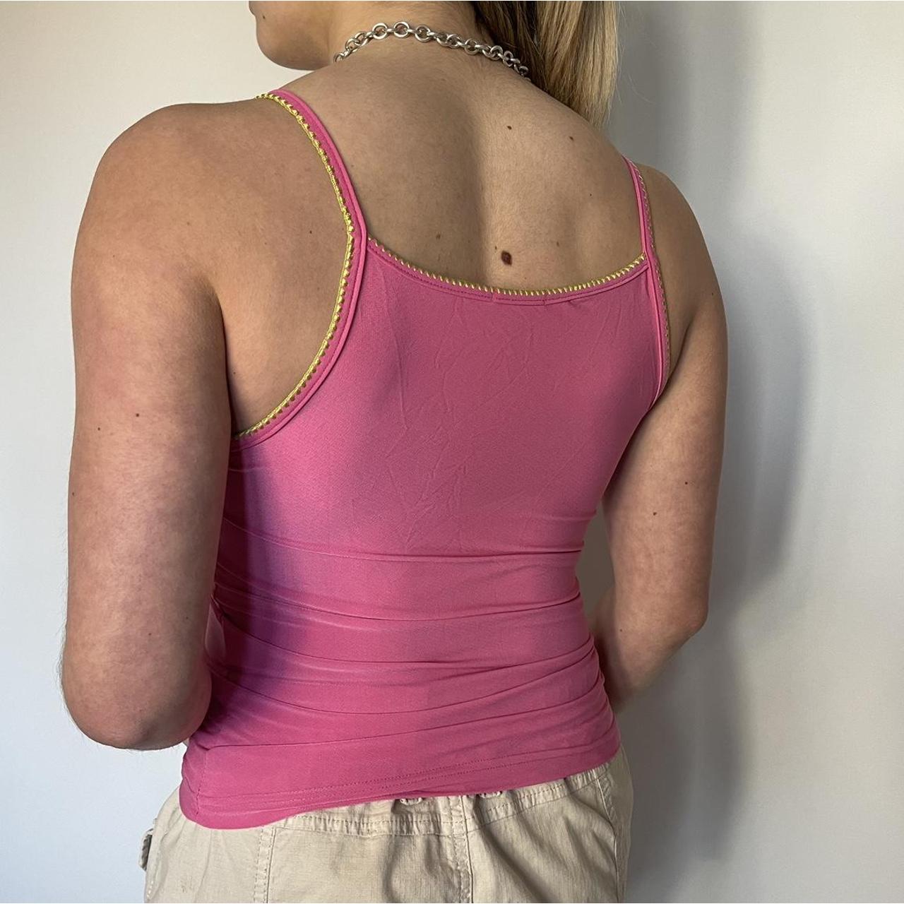 Cute micro mesh pink cami Green stitching details... - Depop