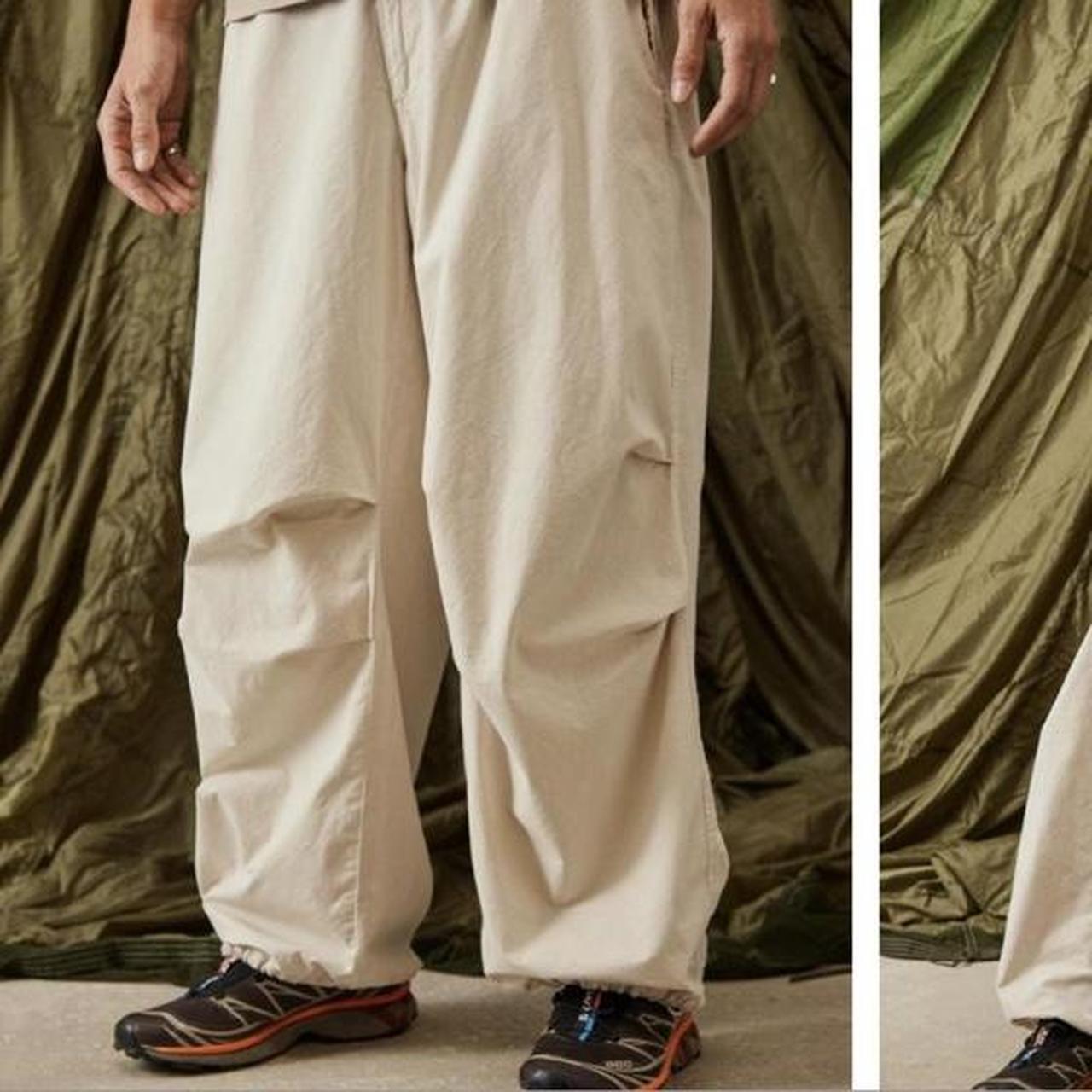 BDG baggy tech parachute pants in cream (stone)... - Depop