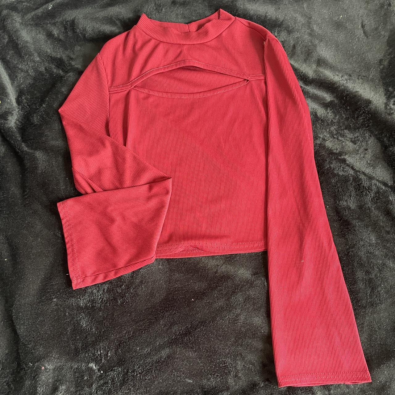 Ribbed Burgundy Cutout Crop top with Flare... - Depop