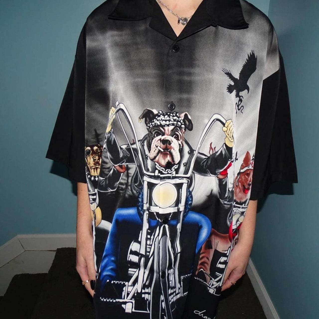 Y2K Dog Biker AOP Button Up... - Depop