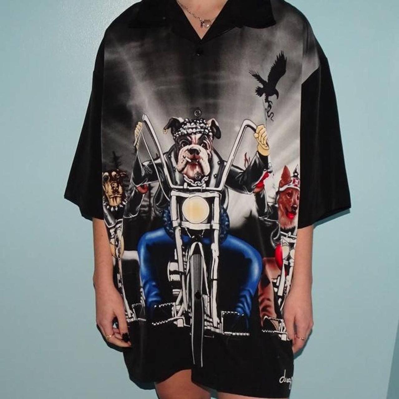Y2K Dog Biker AOP Button Up... - Depop