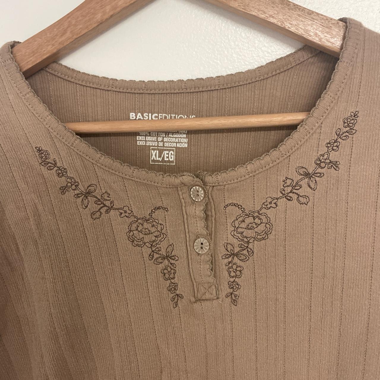 Brown ribbed shirt with flower stitched embroidery... - Depop