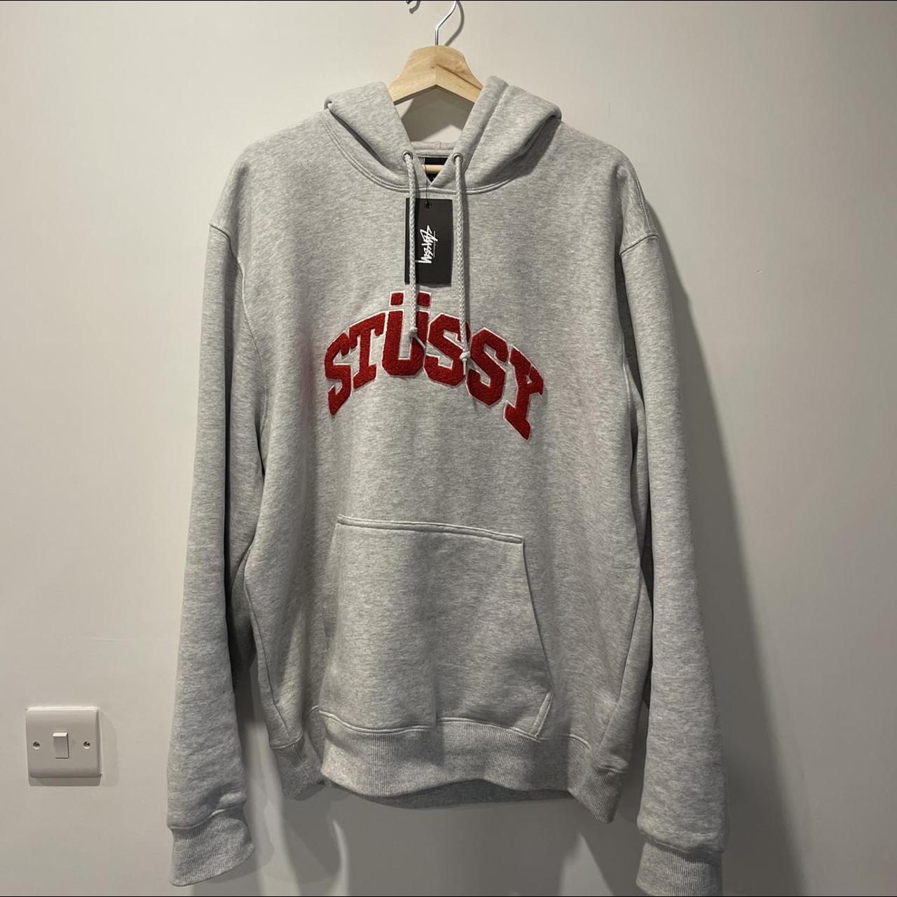 Stussy Grey/Red Chenille Arch Appliqué Hoodie New... - Depop
