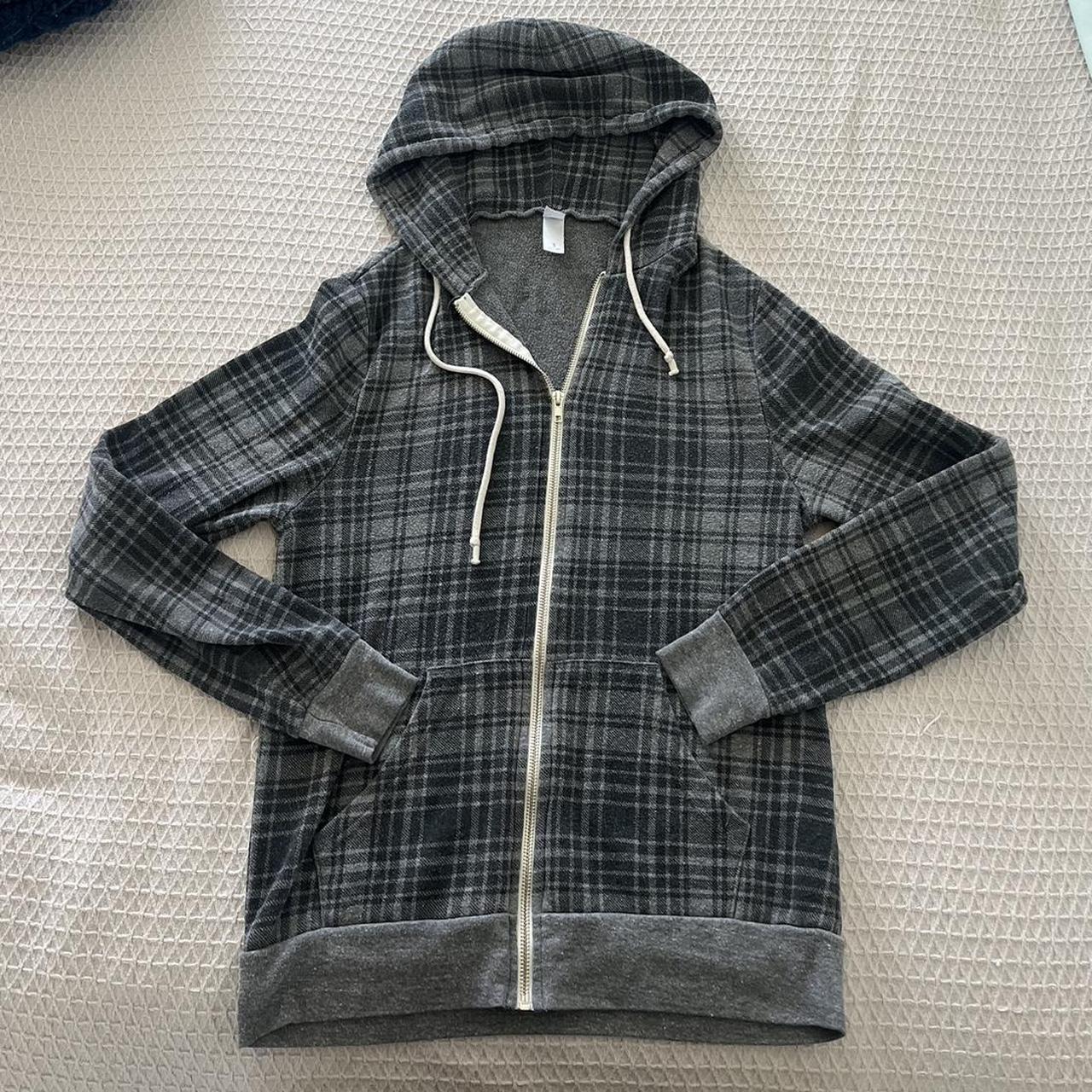 grey flannel/plaid zip up hoodie size s depop... - Depop