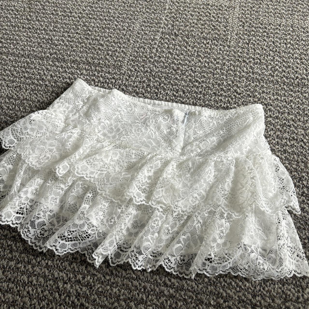 EDIKTED WHITE RUFFLE LACE SKIRT SIZE XS Worn once... - Depop