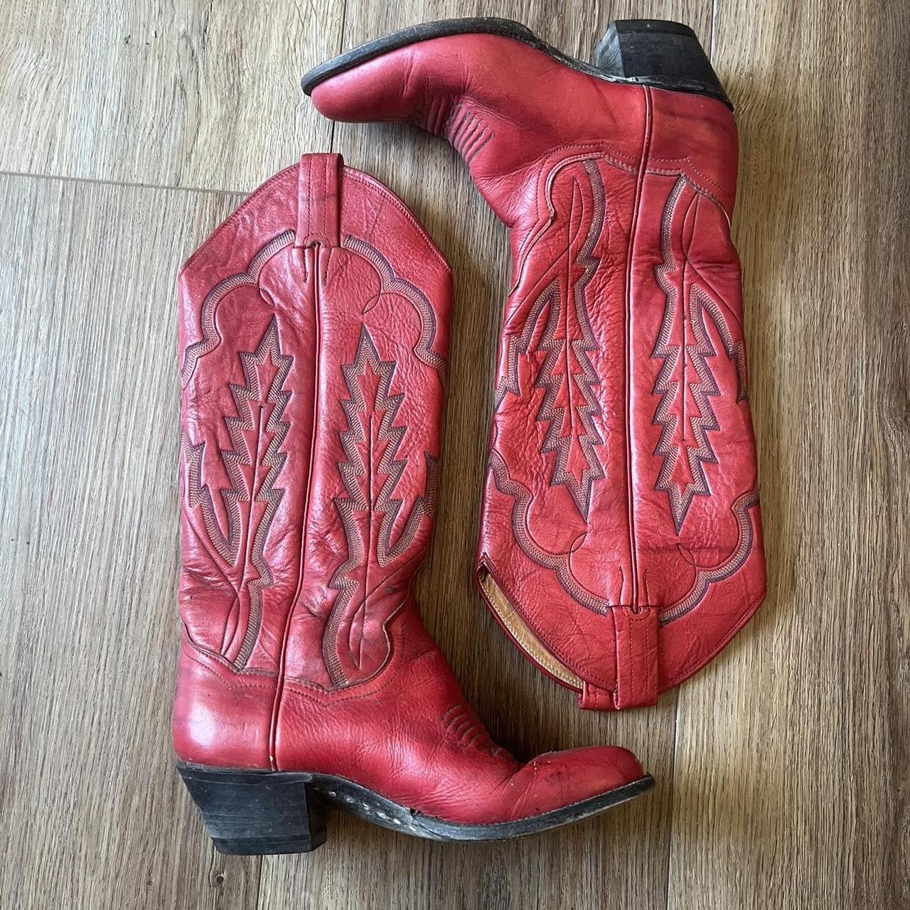 Deadstock 90s cherry red leather cowgirl boots.... - Depop