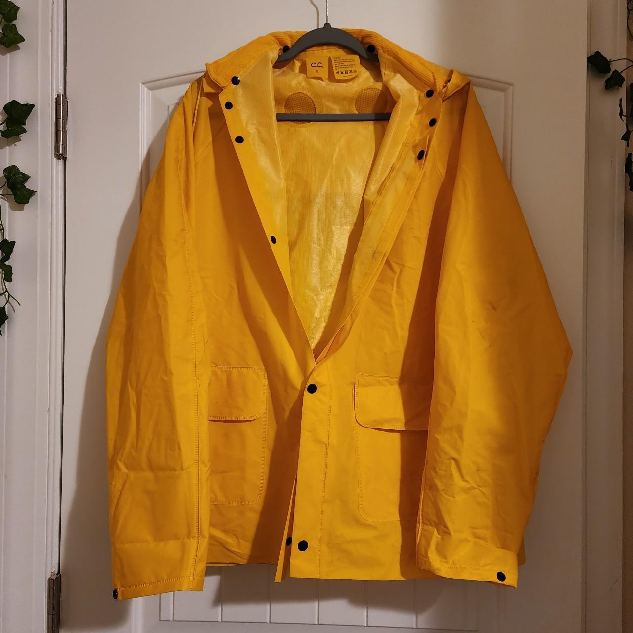 Bright yellow rain jacket that I cut myself to have... - Depop
