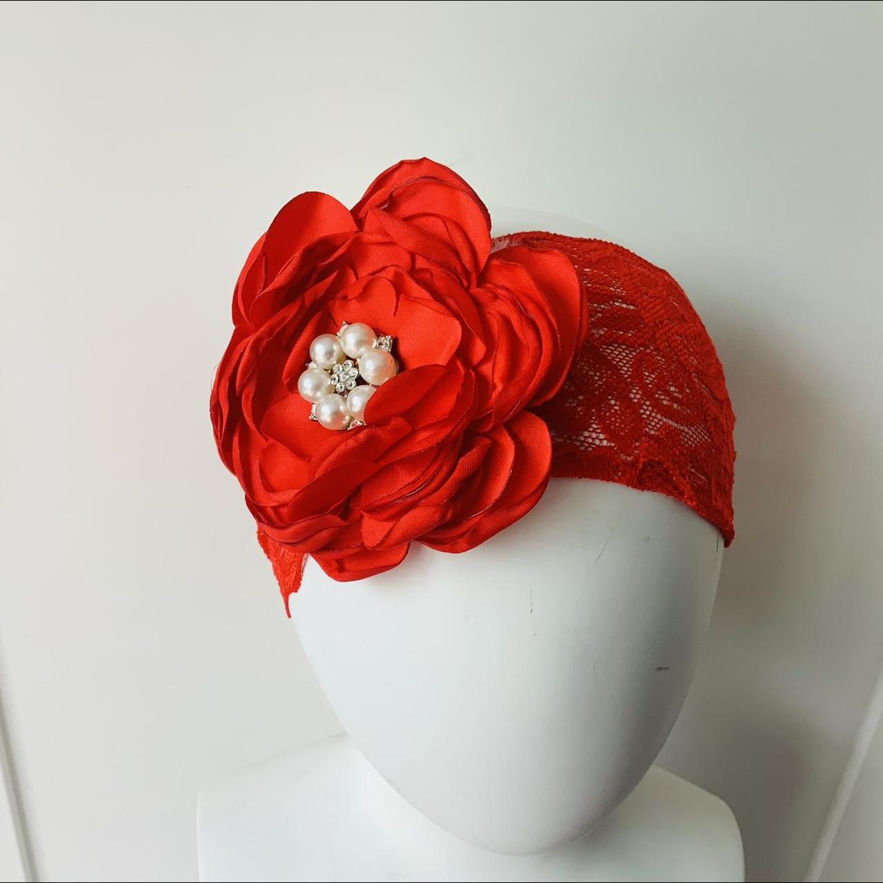 Bright red girls 7cm lace elasticated headband... - Depop