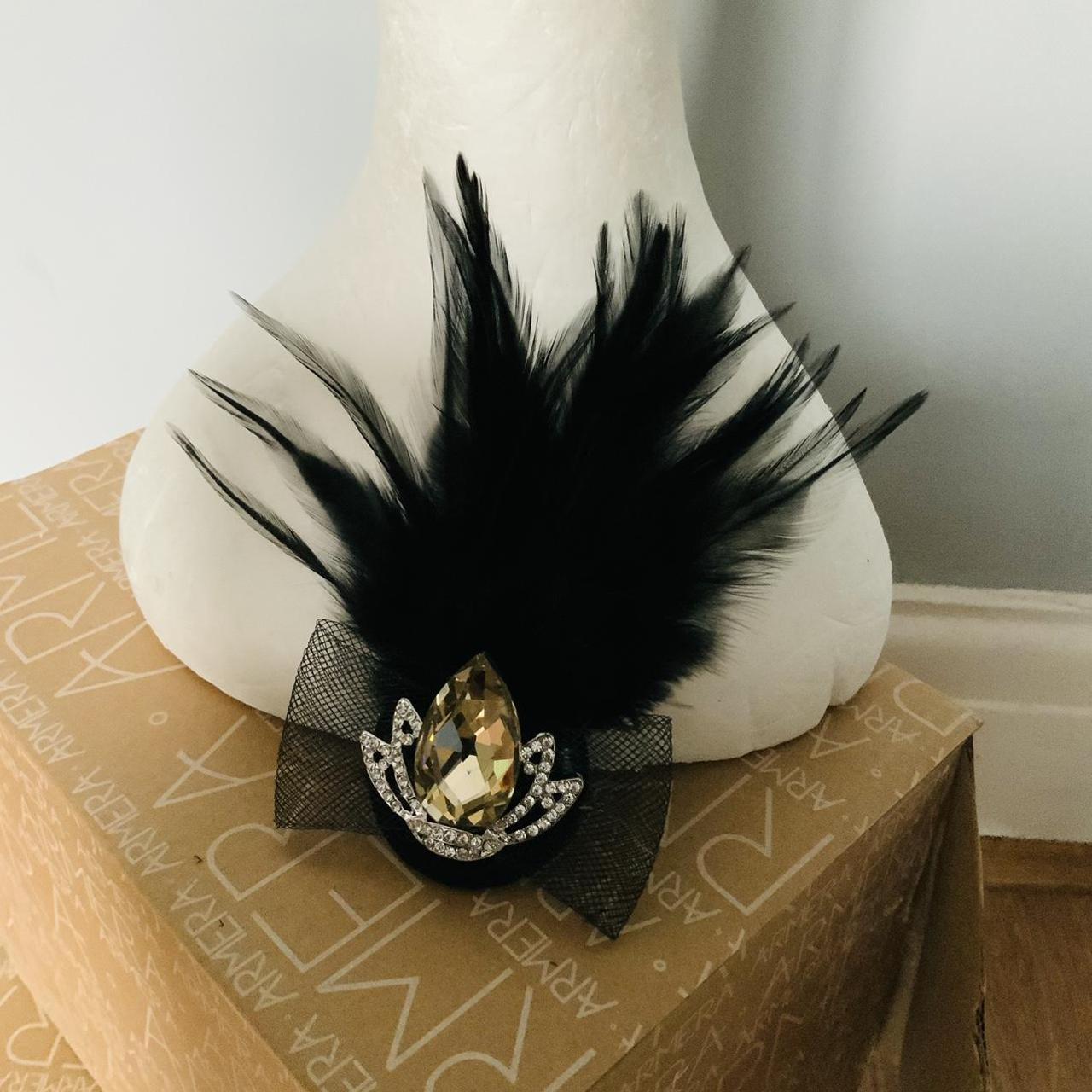 Black gold feather crystal art deco style Jewelled... - Depop
