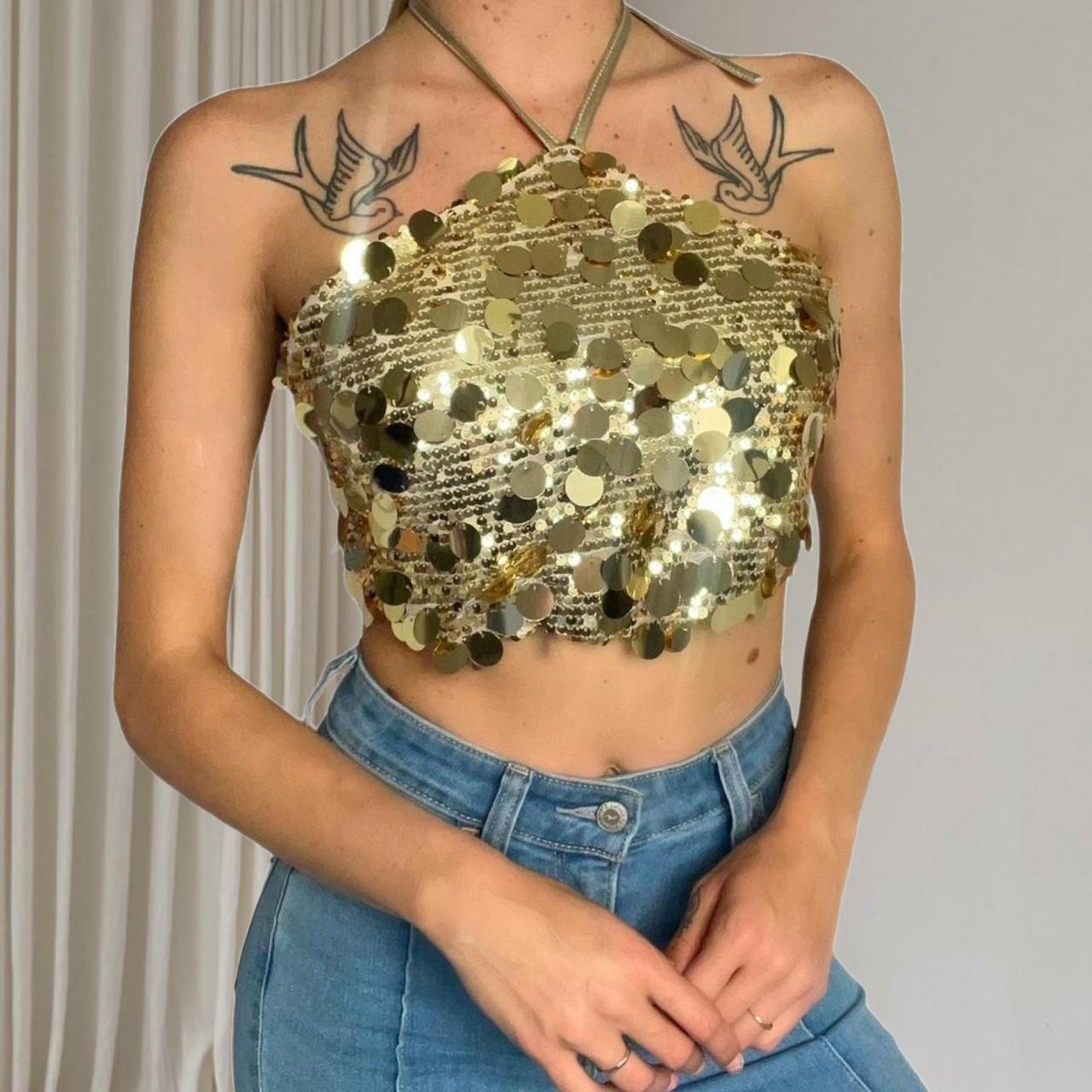 Gold Sequin Crop Top UK4, UK6, UK8, UK10 & UK12... - Depop