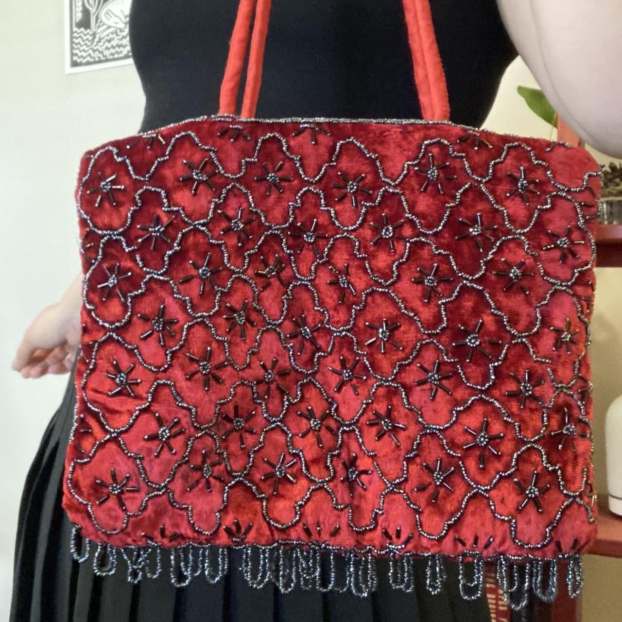Beautiful vintage velvet ruby red beaded handbag!... - Depop