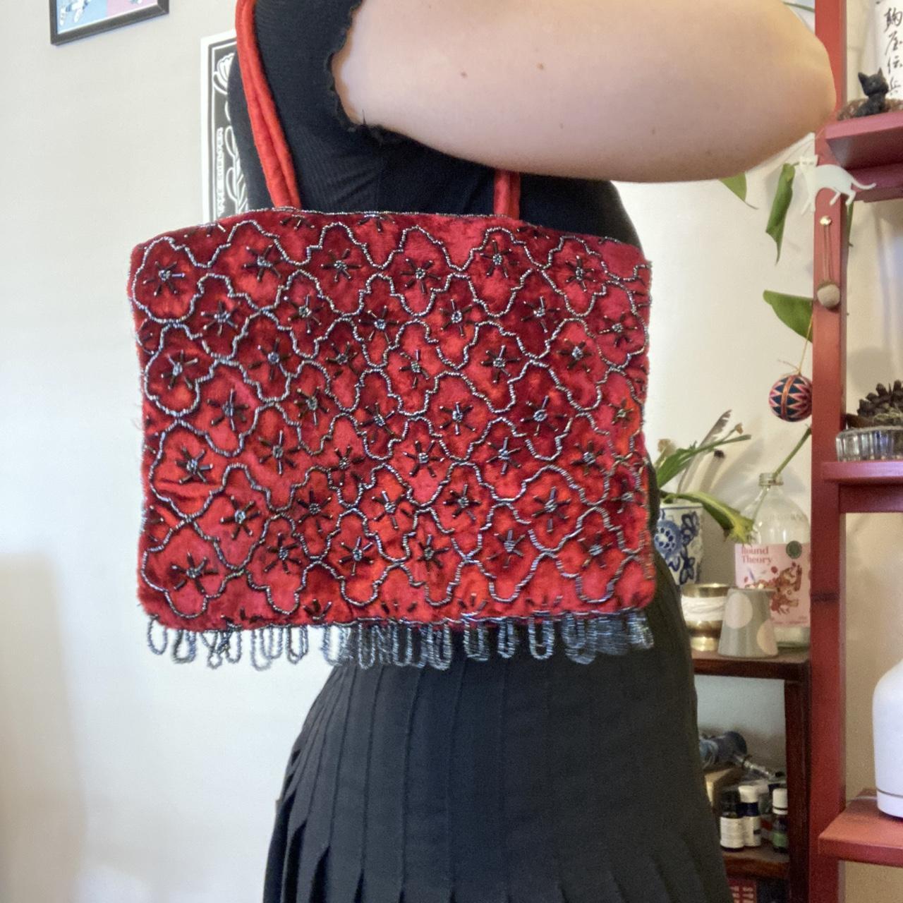 Beautiful vintage velvet ruby red beaded handbag!... - Depop