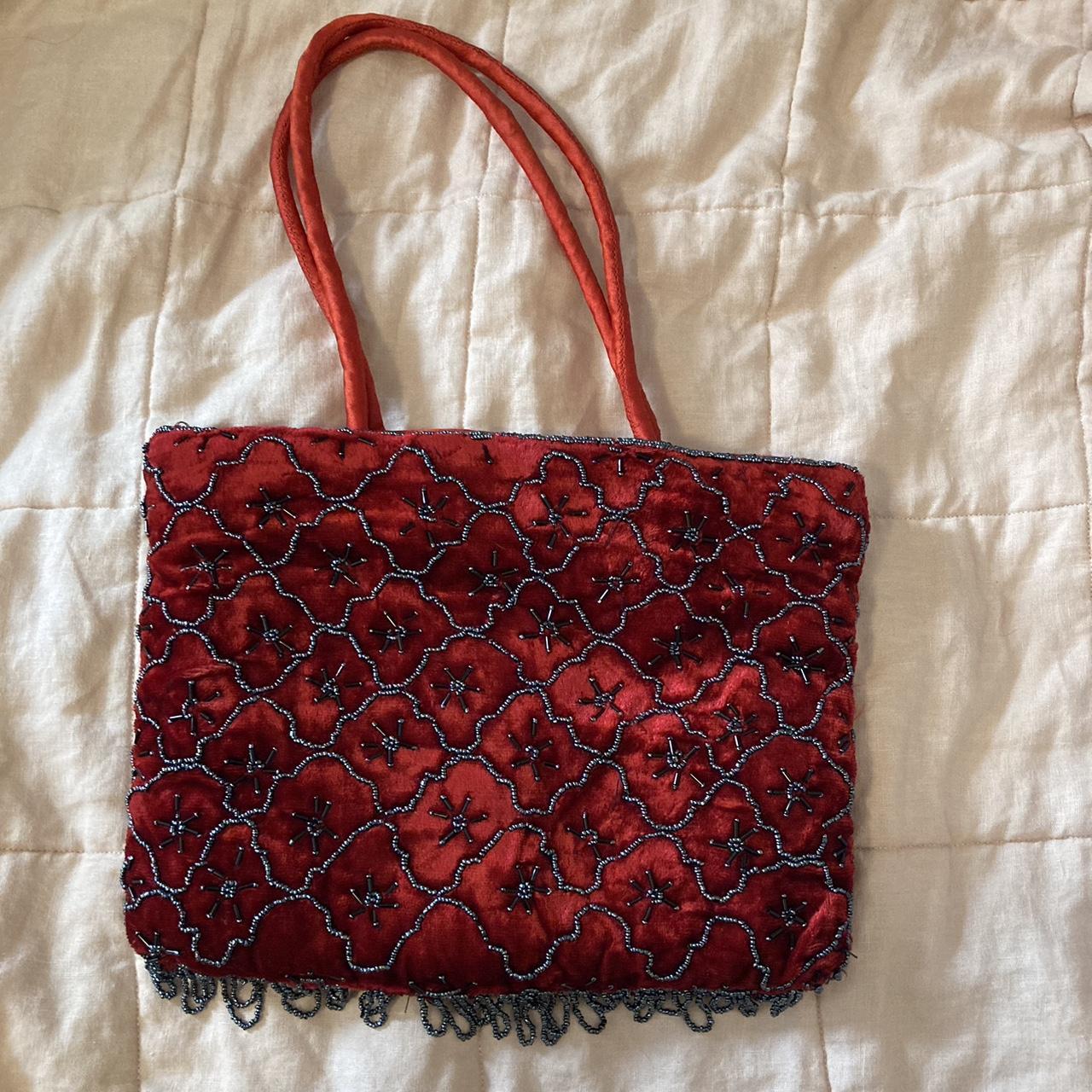Beautiful vintage velvet ruby red beaded handbag!... - Depop