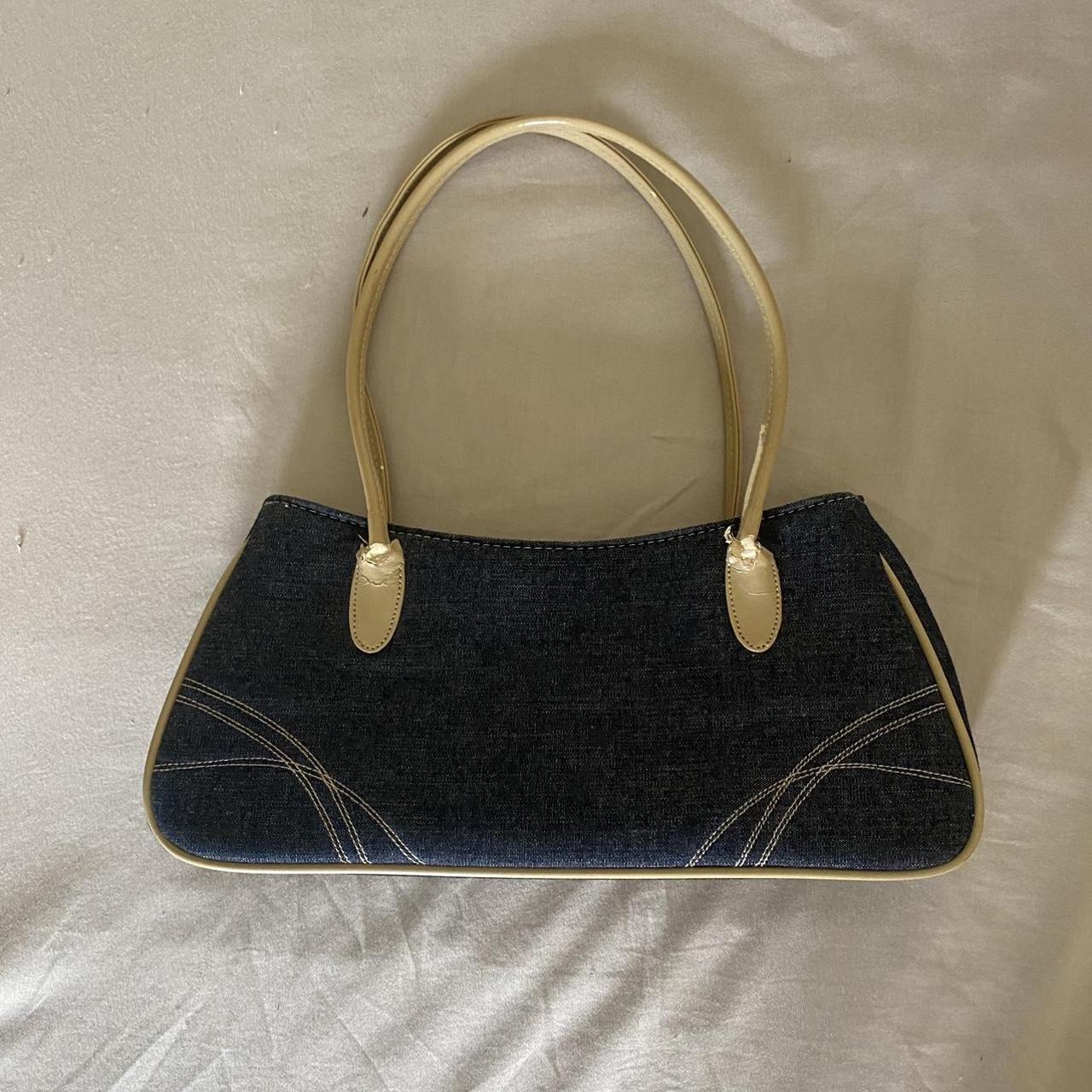 super cute y2k denim shoulder bag with tan straps... - Depop