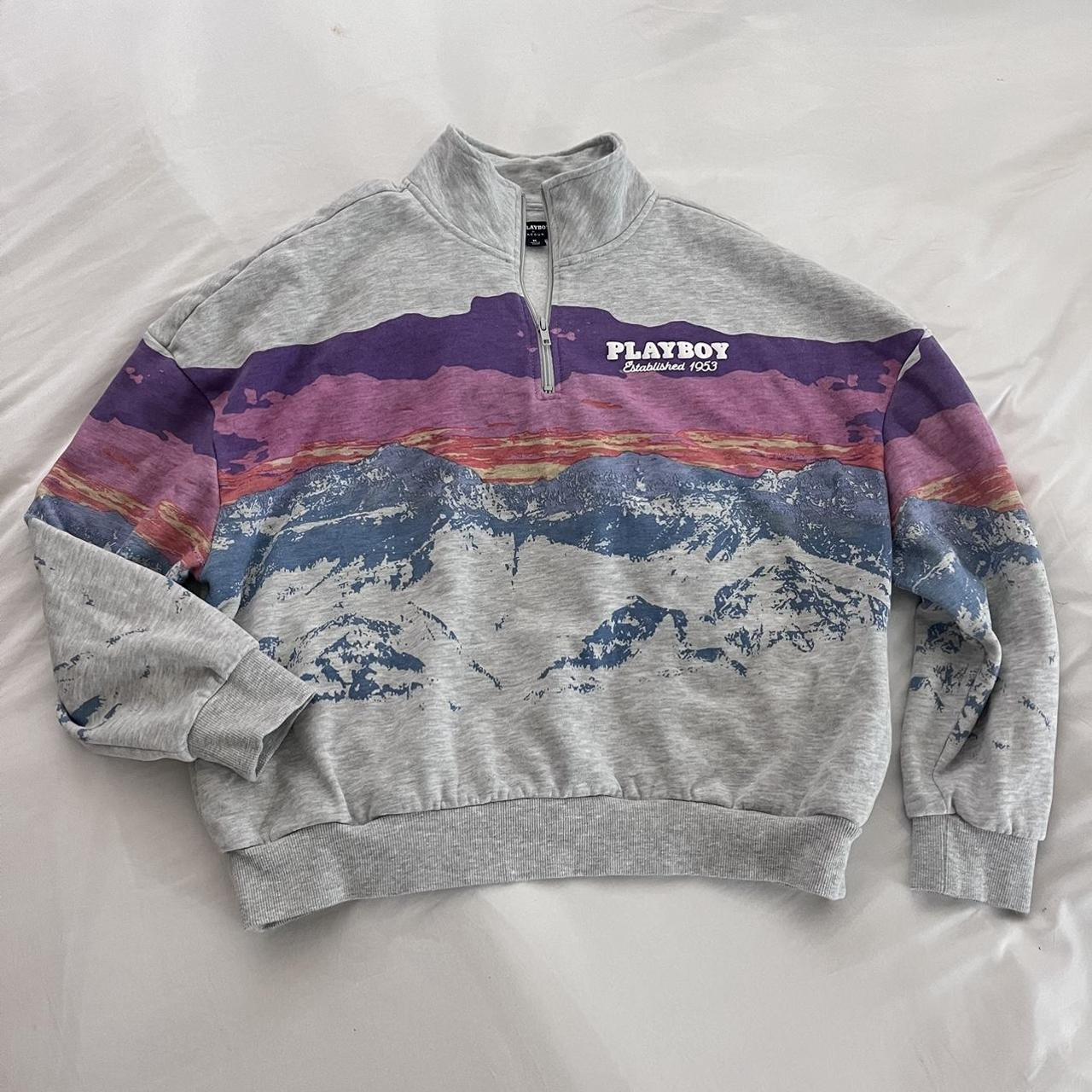 Playboy gray quarter zip with sunset and mountain... - Depop